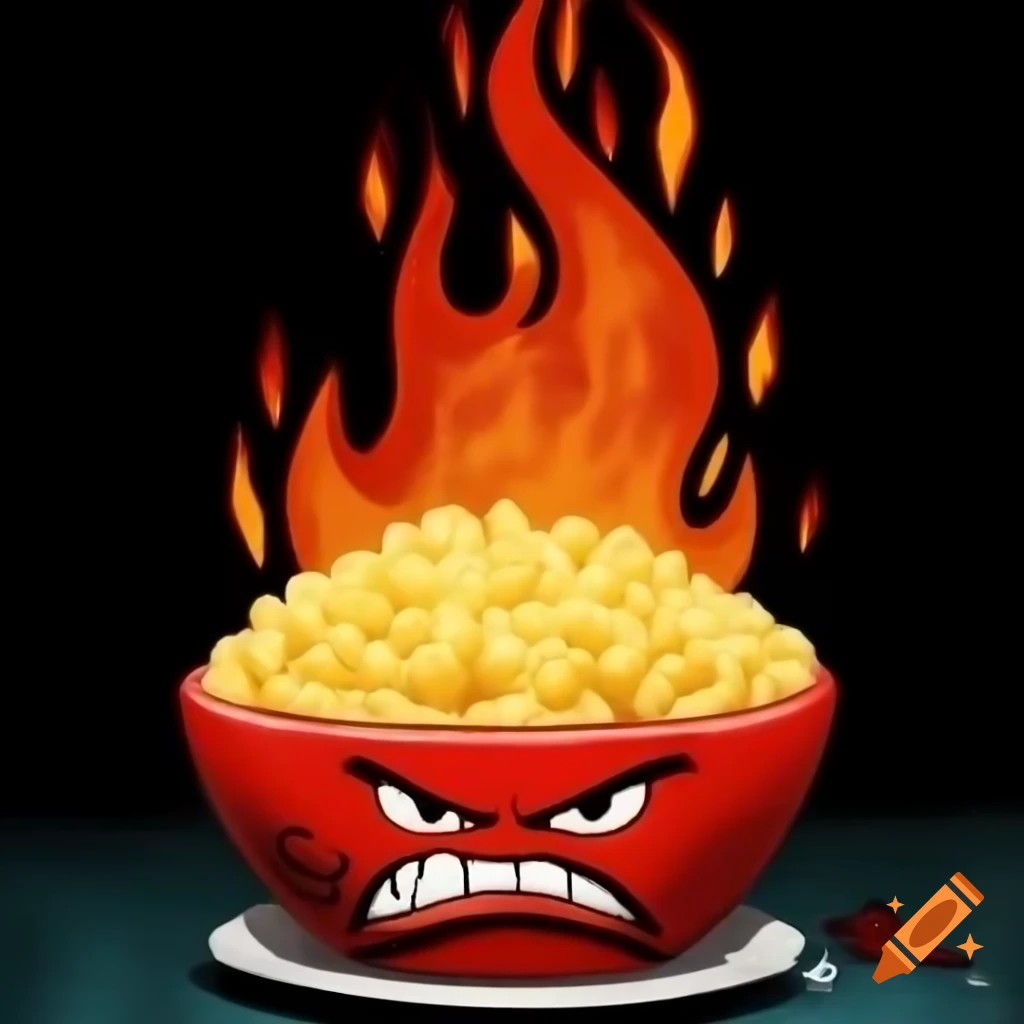 Comic book drawing of angry bowl of macaroni and cheese with fiery ...
