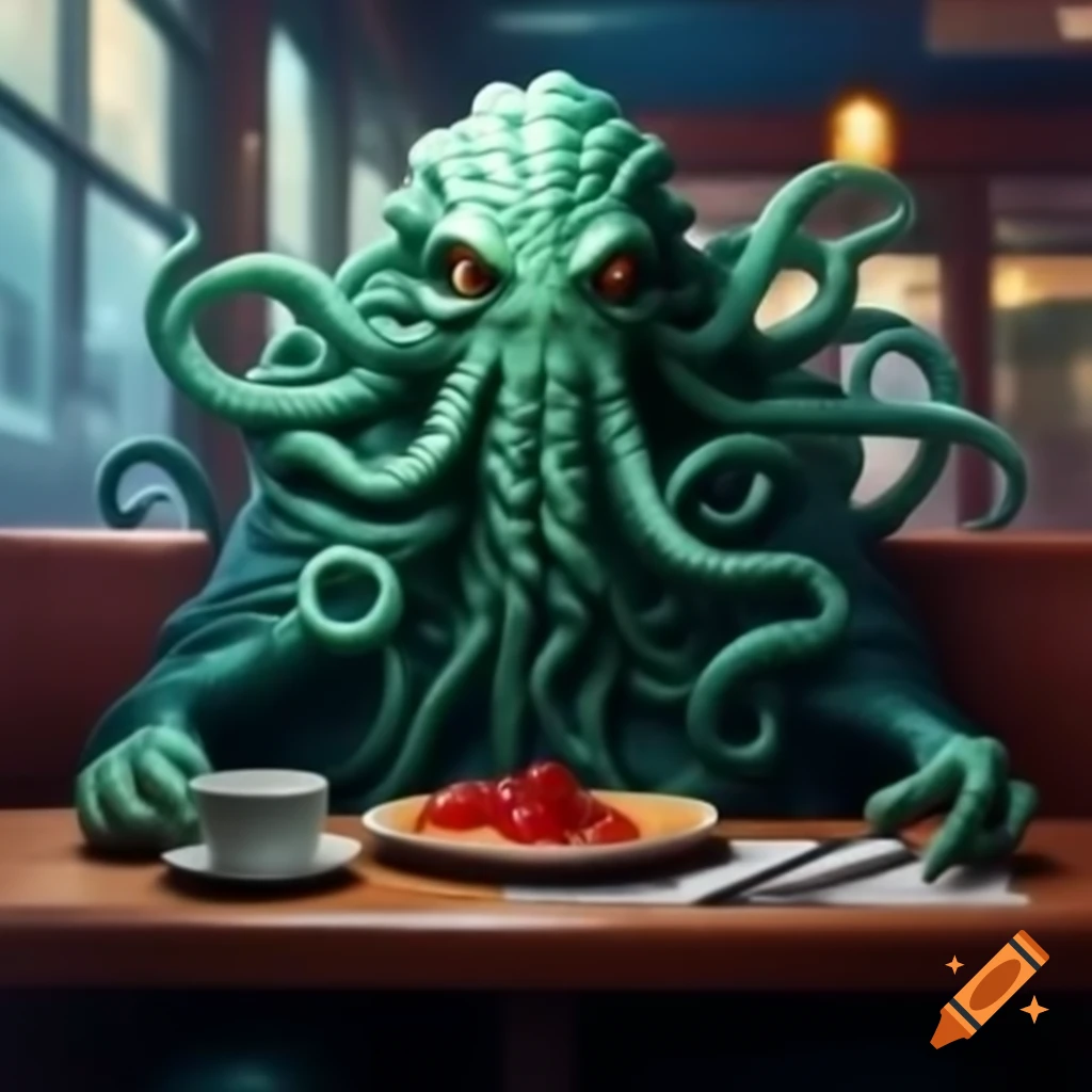 Cthulhu at cafe table enjoying cherry pie with jelly on tentacles on ...