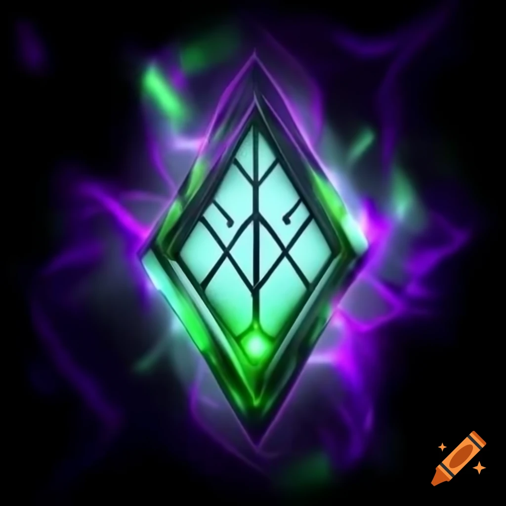 Glowing distorted rune in white, green, and purple on Craiyon