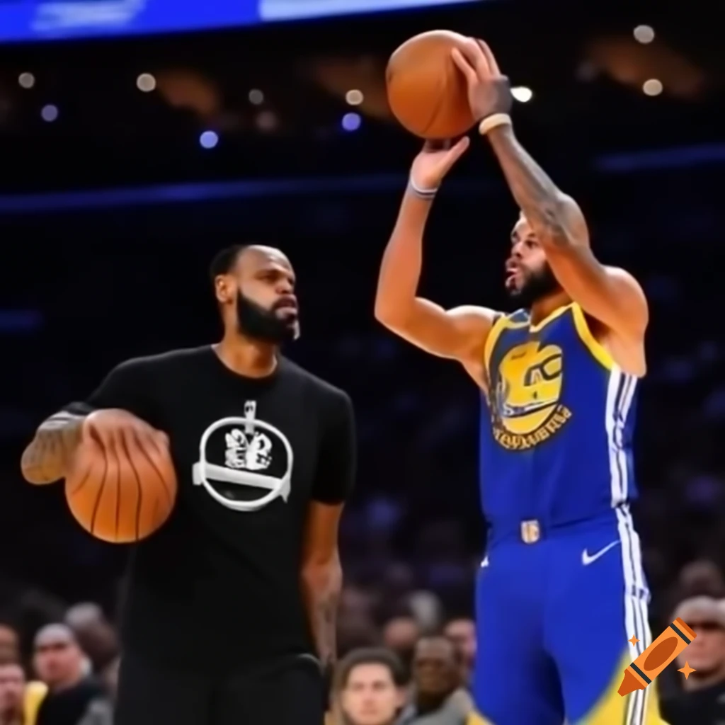 Stephen curry and lebron james practicing basketball shooting together on Craiyon