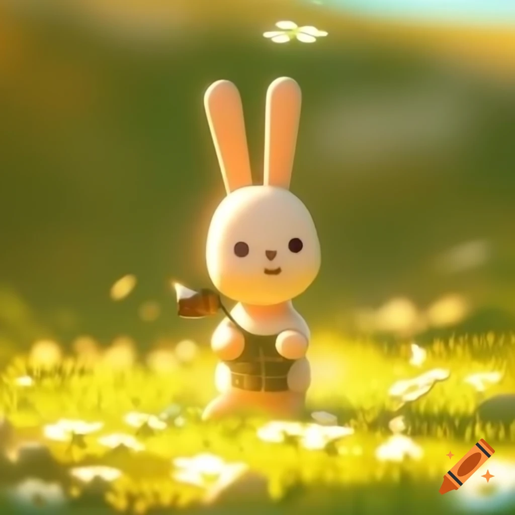 3d rendered rabbit observing butterfly in sunlit field of daisies on ...