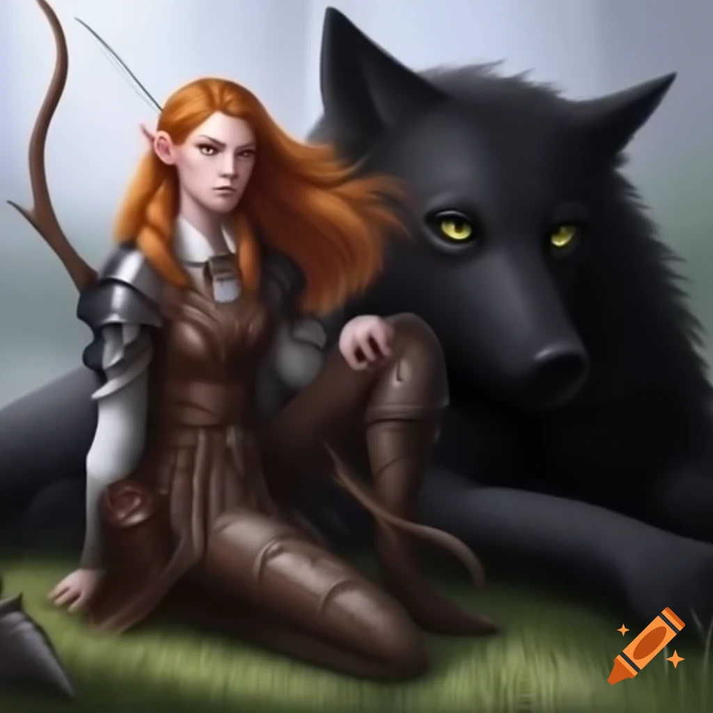 Female elven ranger with auburn hair and leather armor resting on ...