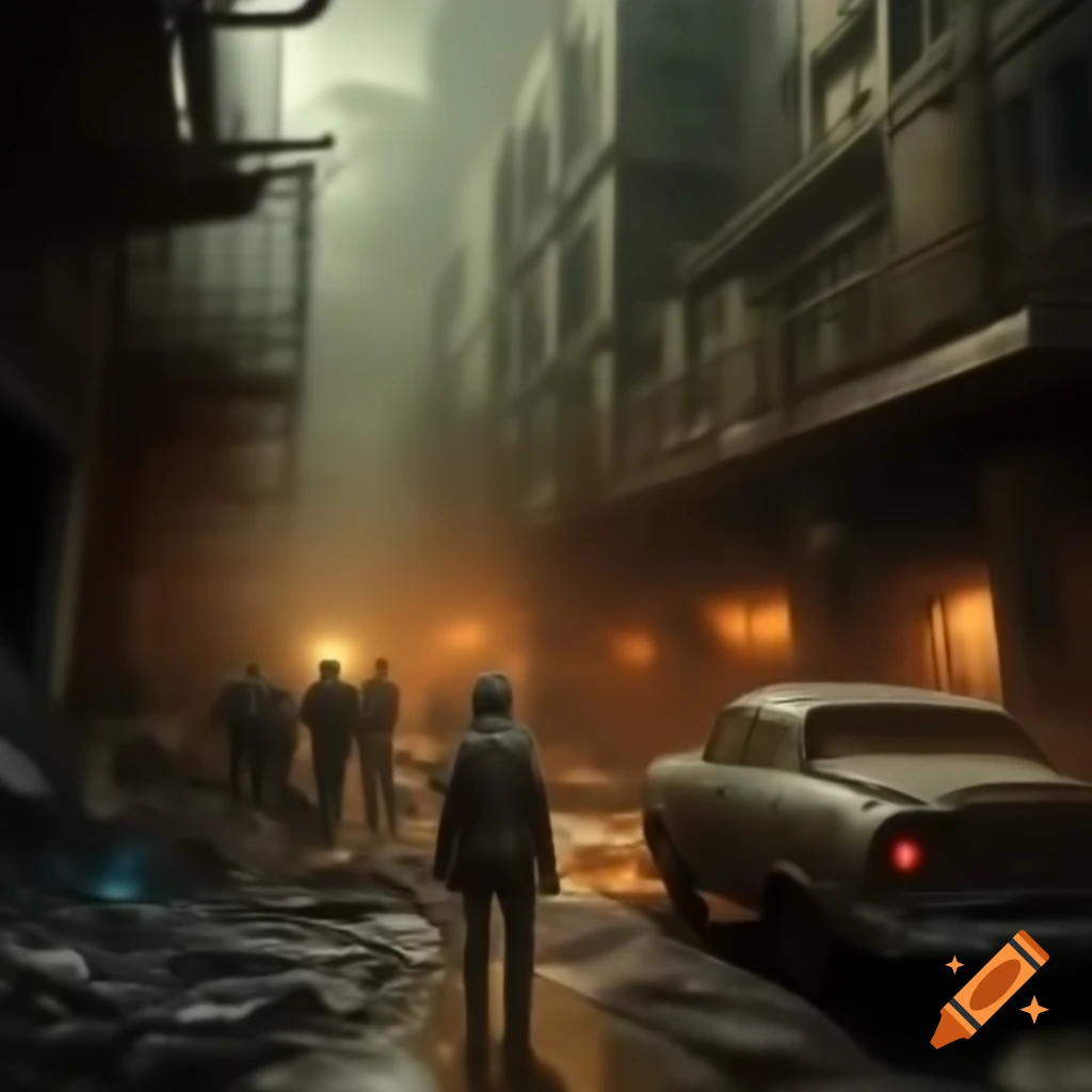 Apocalyptic cityscape of an asylum environment on Craiyon