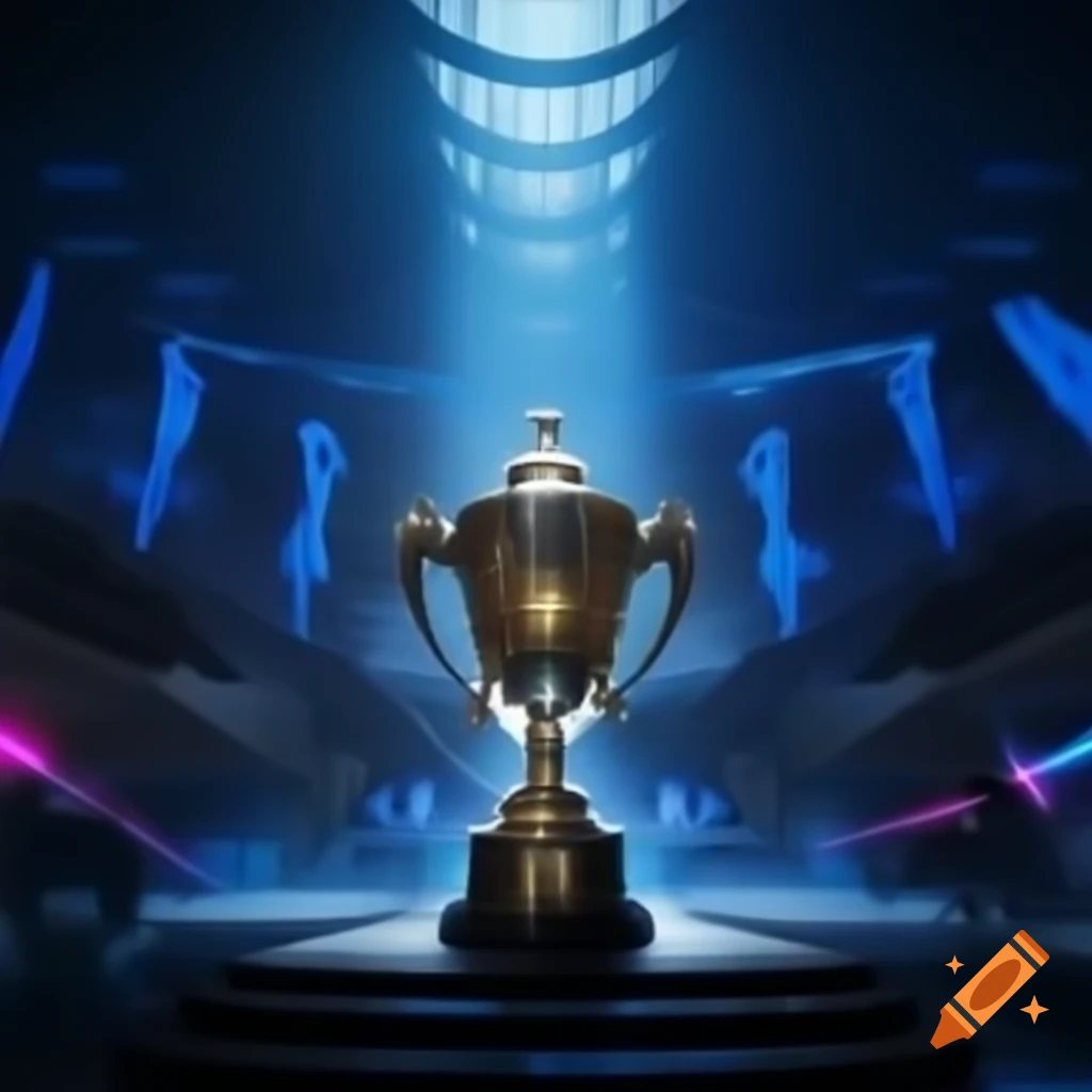 Majestic trophy on grand staircase in futuristic PUBG battleground with ...