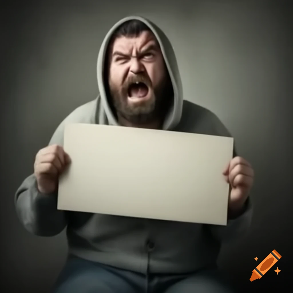 Angry homeless man with a beard holding a blank sign on Craiyon
