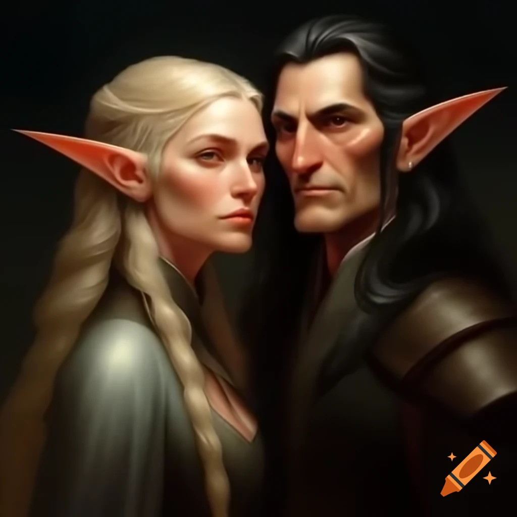 Portrait of distinguished middle-aged elven couple with striking ...