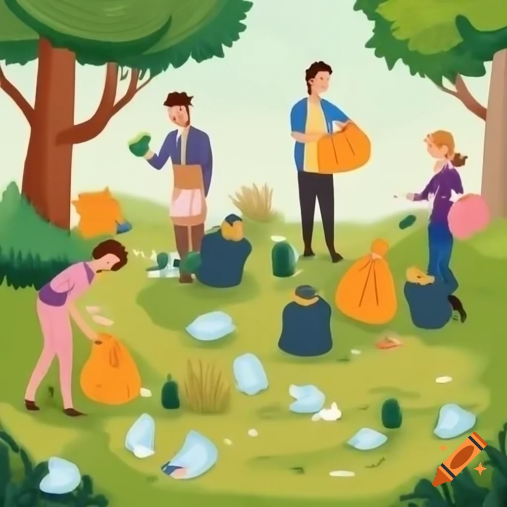 Adults picking up trash in a vibrant forest, surrounded by wildlife on ...