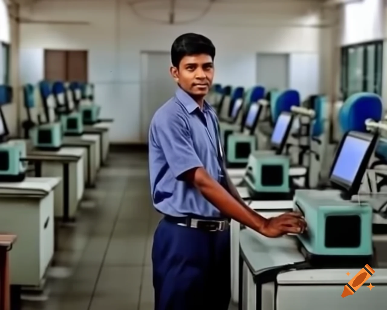 Indian student interacting with machines in college setting on Craiyon