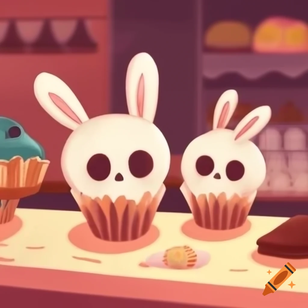 Chibi drawing of cute skull cupcakes with bunny ears on bakery counter ...
