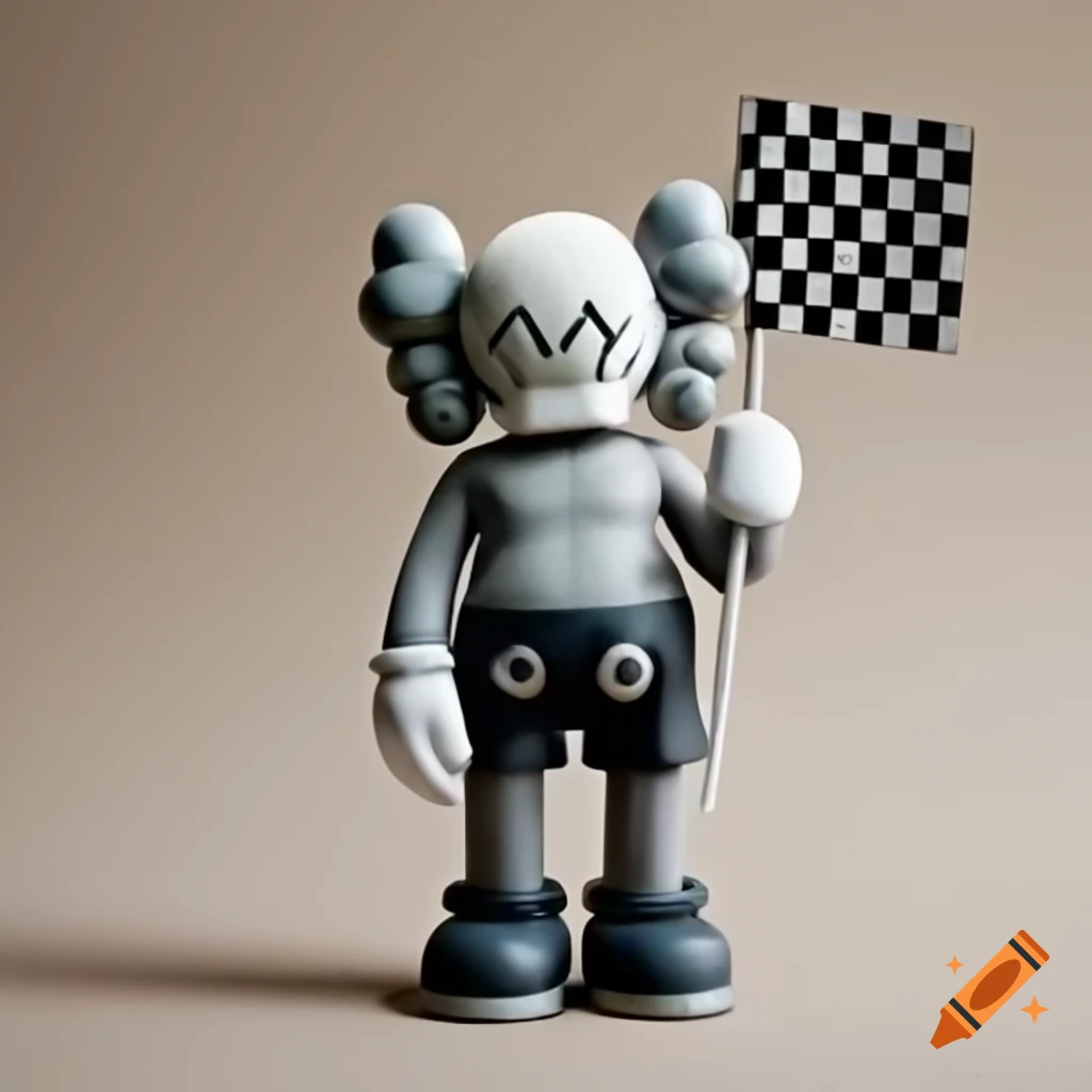 KAWS action figure holding crossed black and white checkered flags on ...