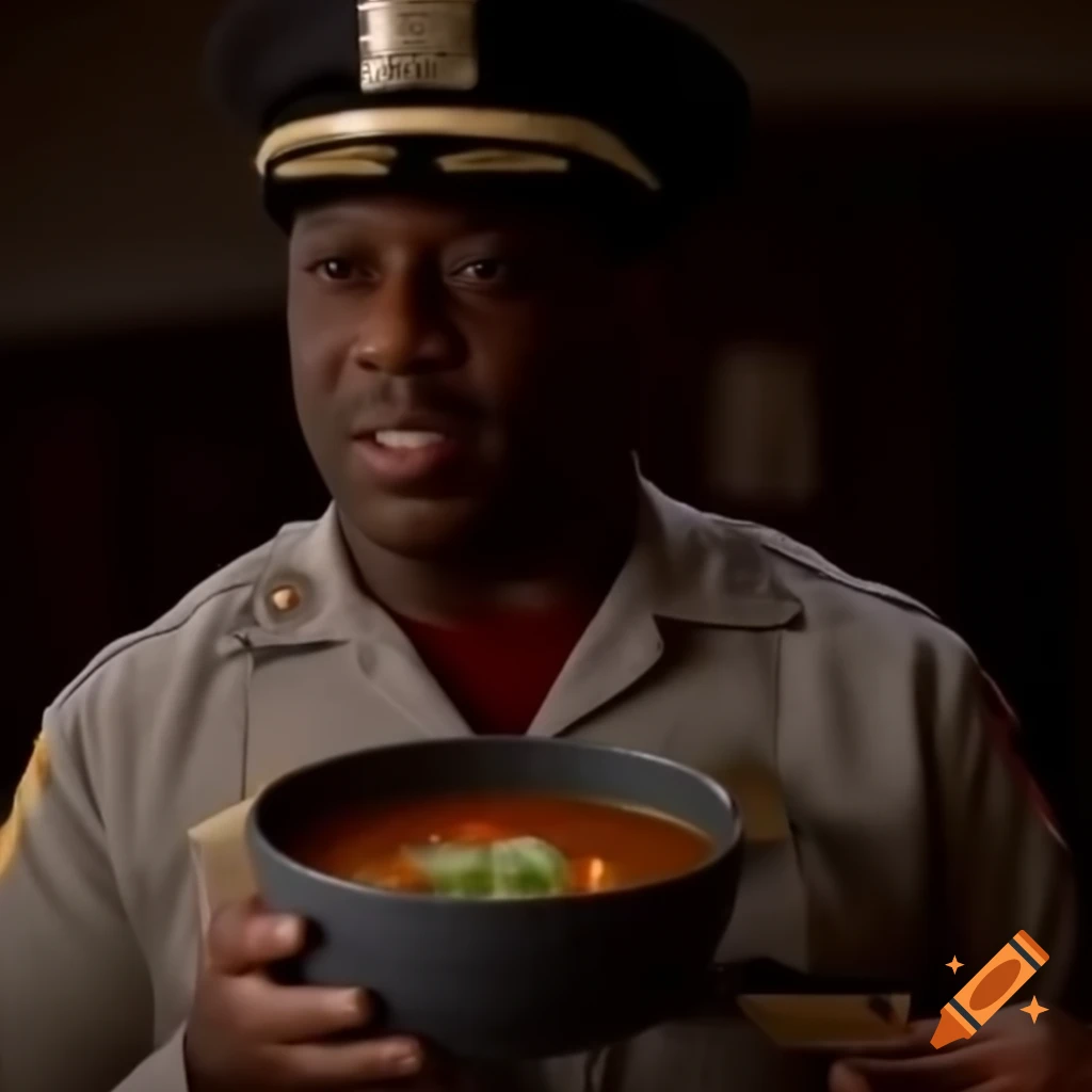 Bowl of soup creatively designed to resemble a police officer on Craiyon