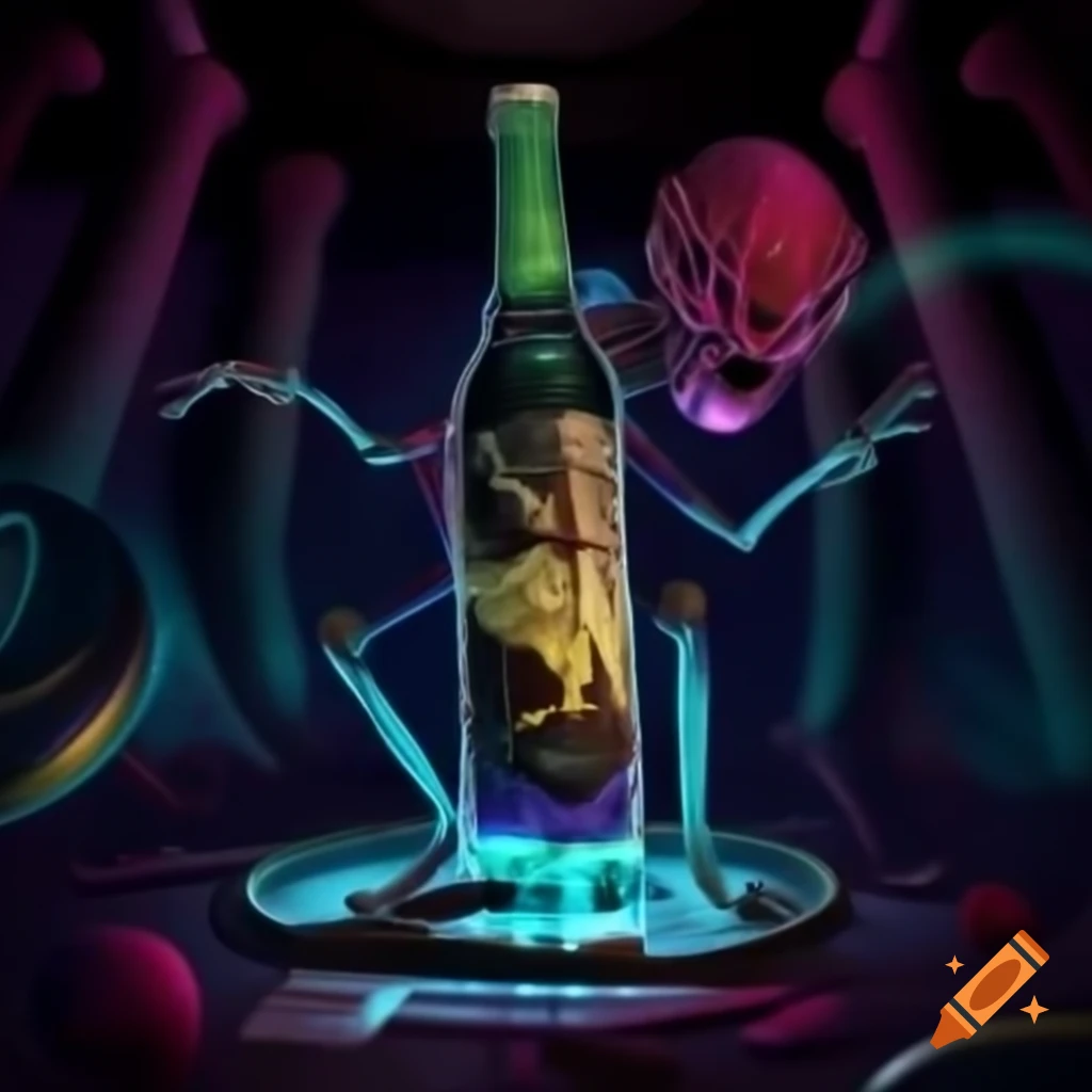 Abstract scene combining elements of matrix, bass guitar, and alien ...