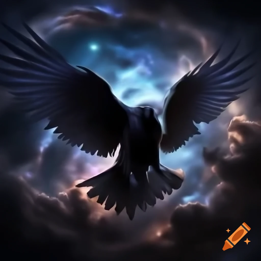 Cosmic crow with ebony wings on galaxies, surrounded by nebulas on Craiyon