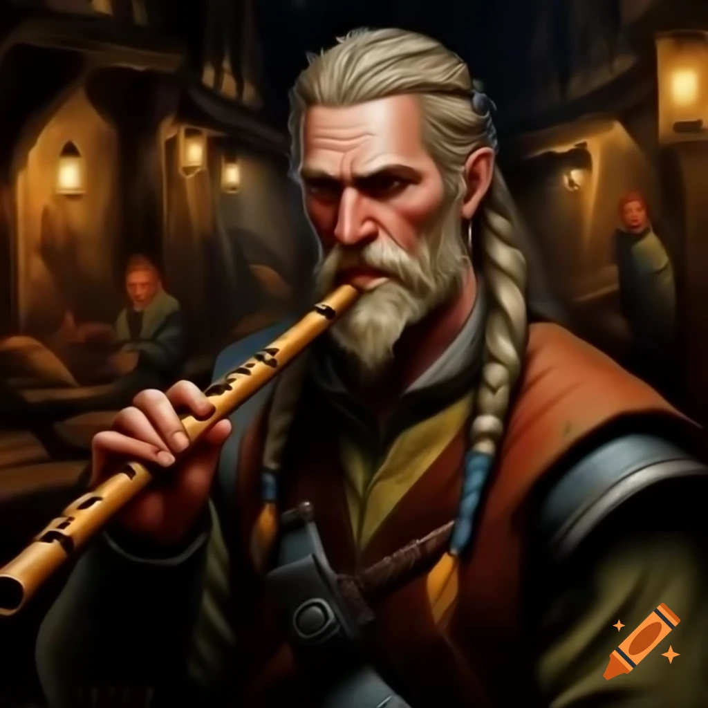 Nilfgaardian bard playing pan flute in medieval marketplace on Craiyon
