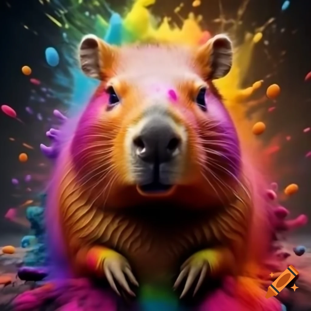 Capybara smiling with Holi powders in vibrant colors on Craiyon