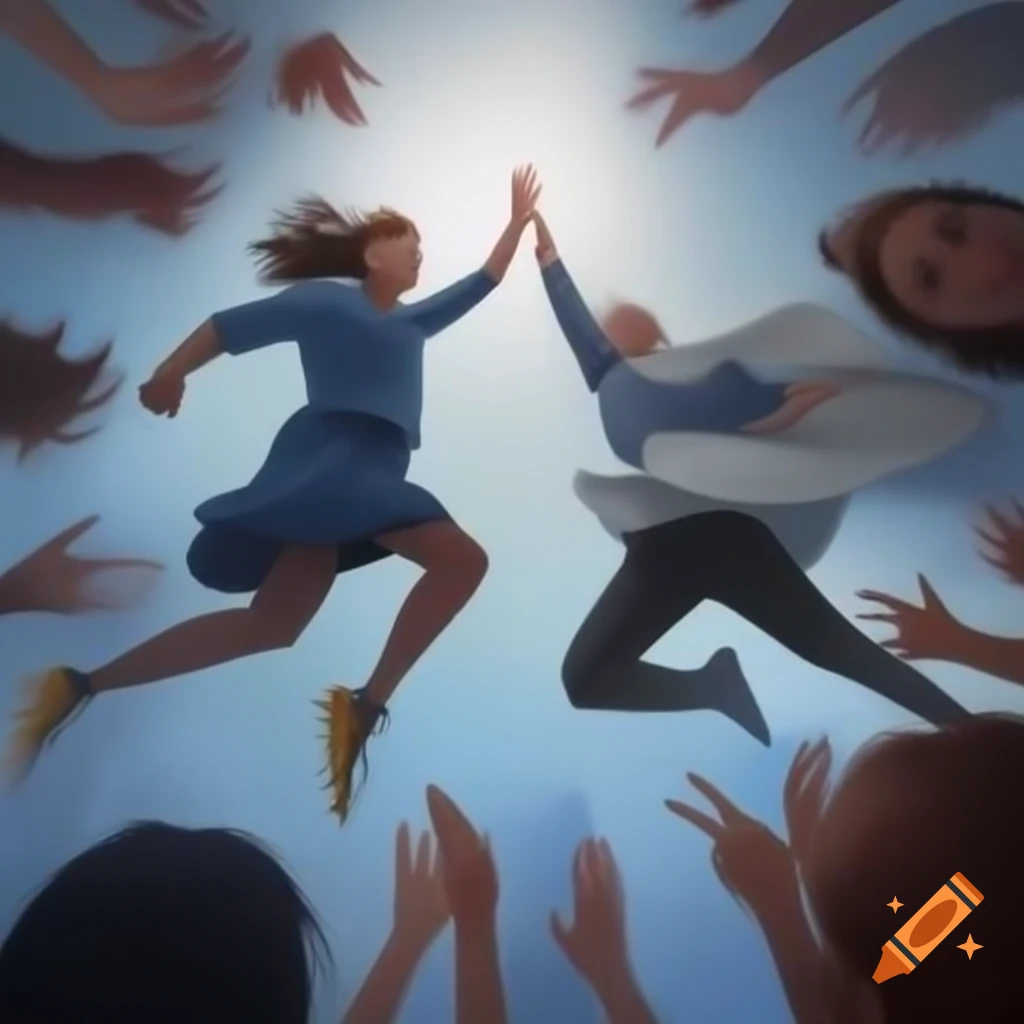 Figures high-fiving in mid-air symbolizing collaboration and success on ...
