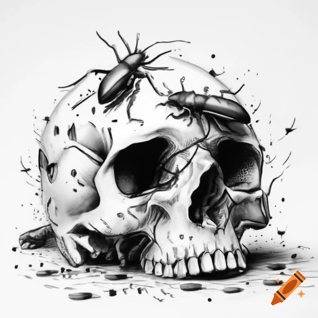 Black and white ink drawing of insects around a skull on Craiyon