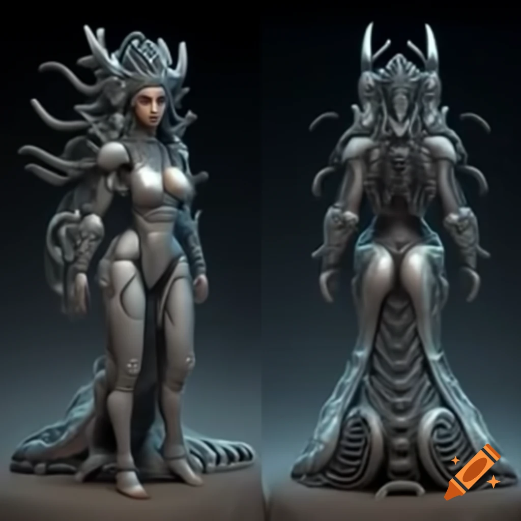 Cybernetic goddess with organic and mechanical elements posed on beach on Craiyon