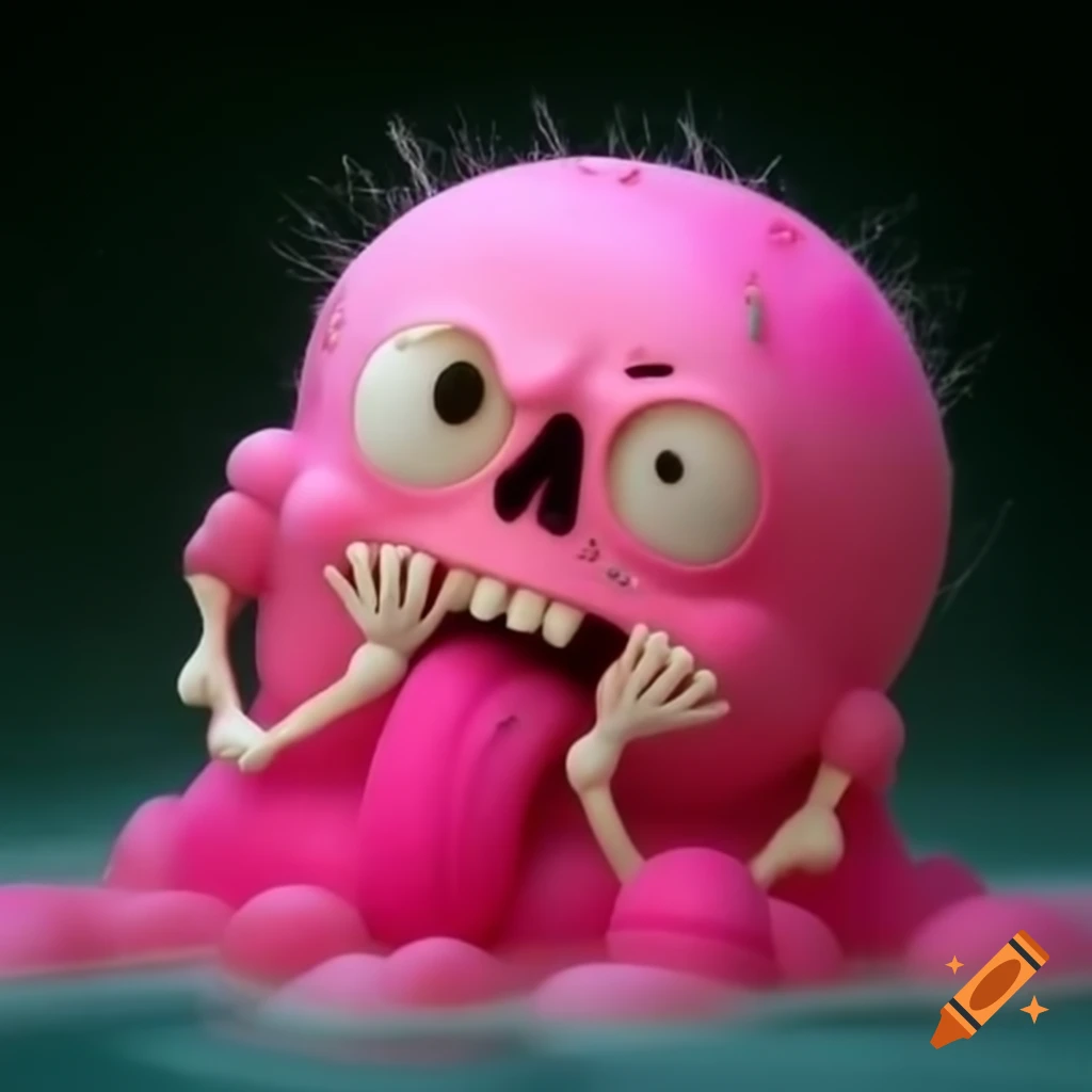 Playful skeleton with pink bubblegum stuck on skull on Craiyon
