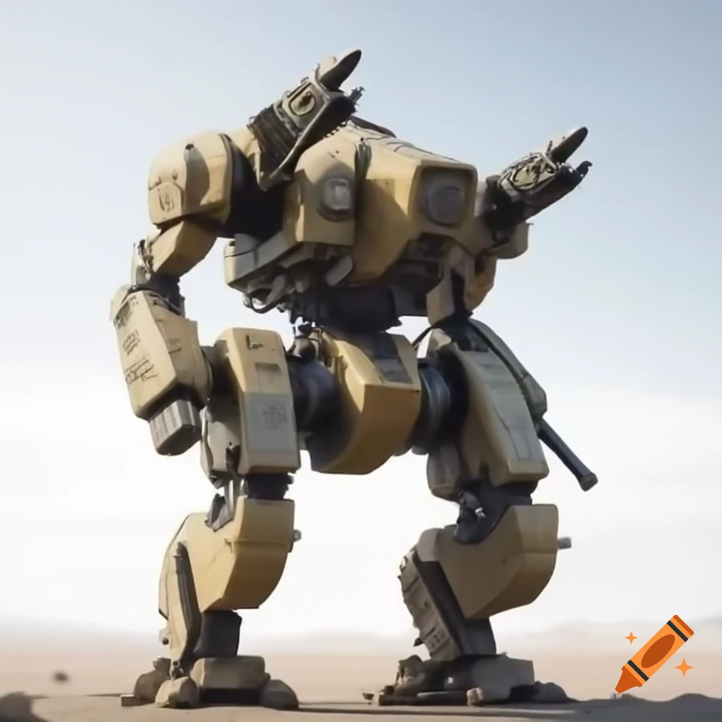 Recon mech with missile pods and arm cannons on white background on Craiyon