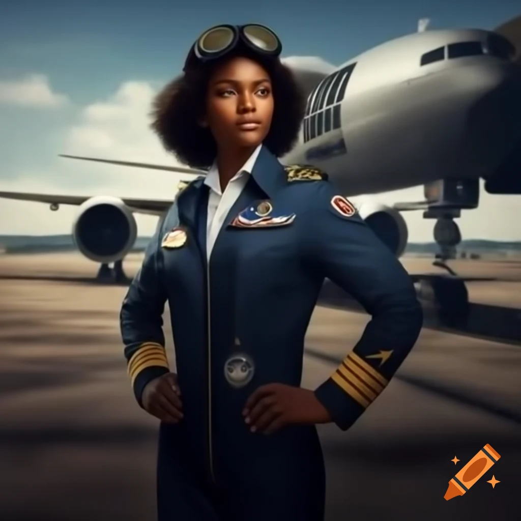 African american female pilot in uniform standing on airport runway on ...