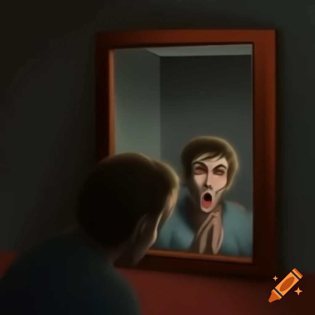 Avant-garde painting of a man confronting his creepy reflection in a ...