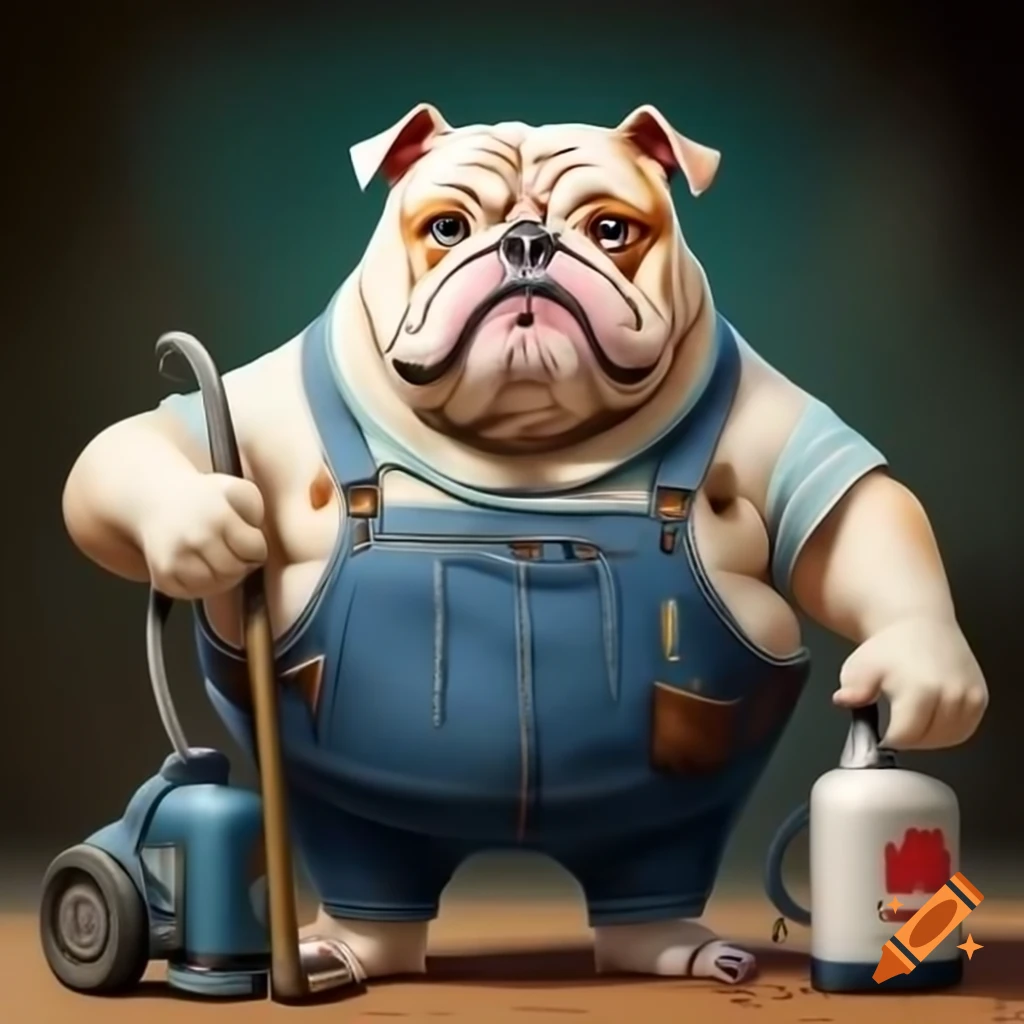 Cartoon bulldog in overalls using a pressure washer on Craiyon