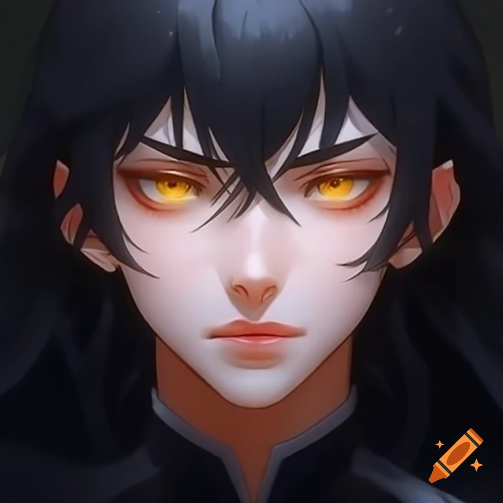 Anime prince with pale skin, black hair, and amber eyes in all black ...