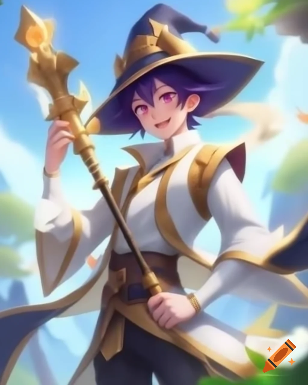Smiling young mage in white and gold outfit with a golden staff and ...