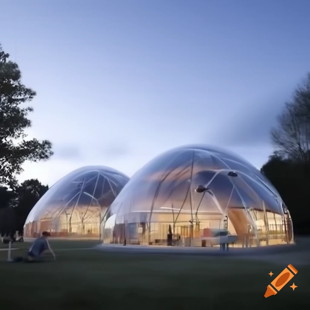 Glass dome classrooms with solar panels in a natural setting, children ...