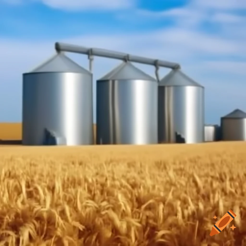 Multiple grain silos in a rural landscape on Craiyon