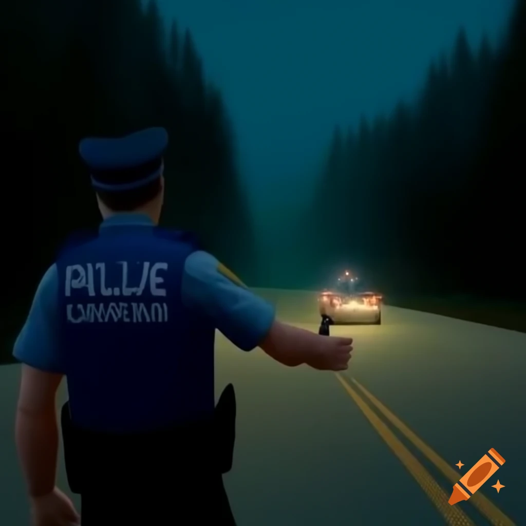 Police officer walking towards camera on lonely road at night on Craiyon