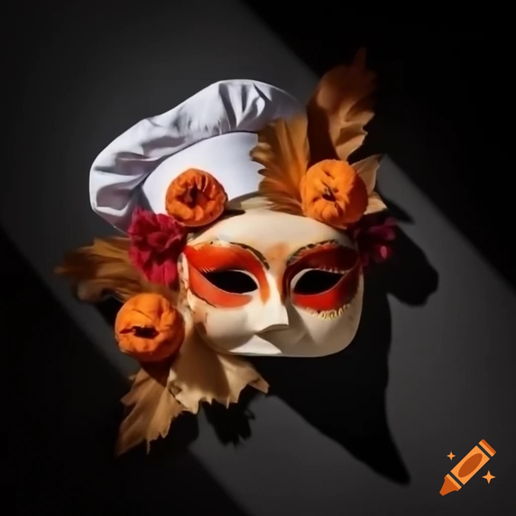 Baroque-style masquerade mask with chef's hat and fall flowers on Craiyon