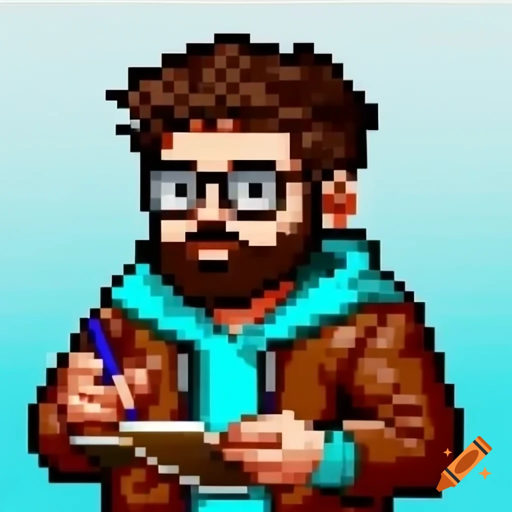 8-bit pixel art of bearded man in glasses and leather jacket writing on ...