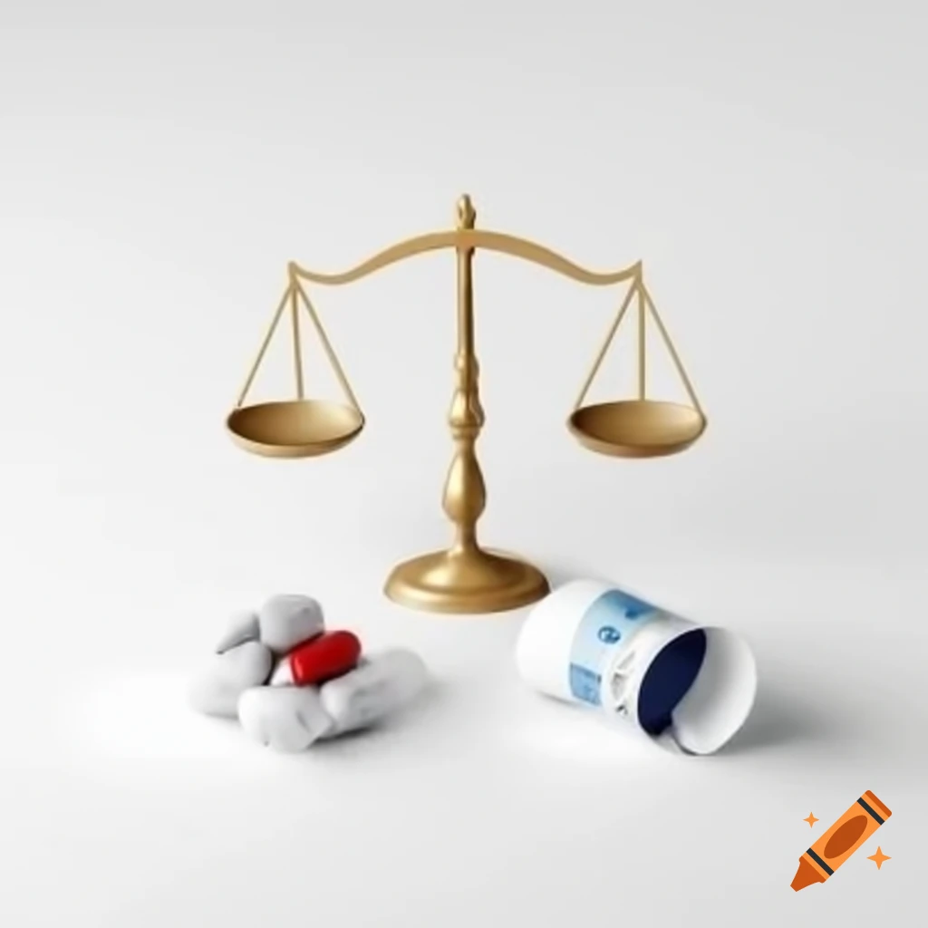 Balance scale symbolizing drug effects and side effects on white ...