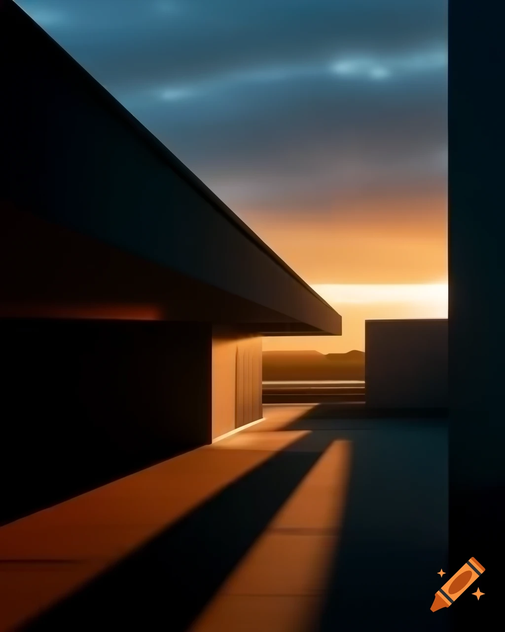 Dramatic sunset behind modern minimalist building with soft light and ...