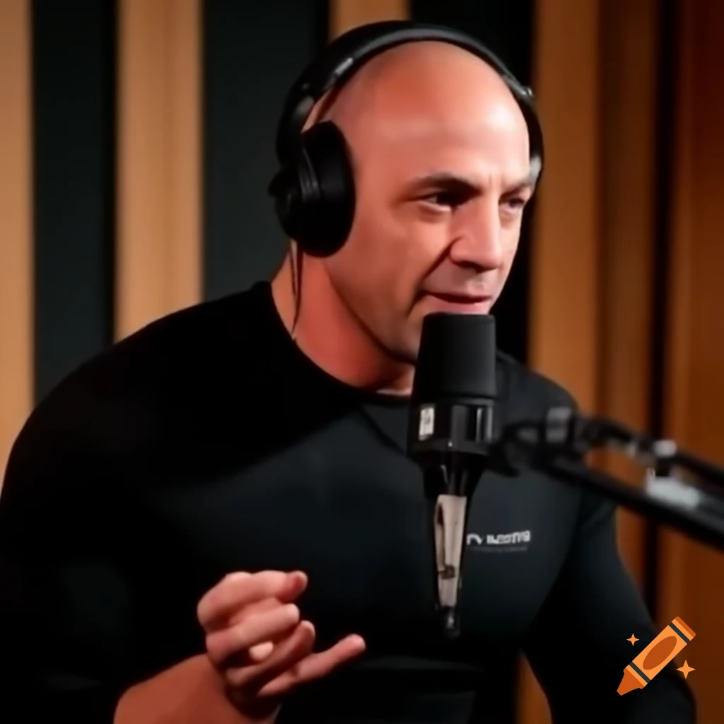 Joe rogan engaged in podcast discussion with microphone on Craiyon