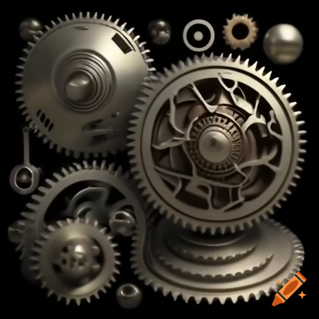 Intricate mechanical sphere with cogs, gears, and springs interwoven on ...