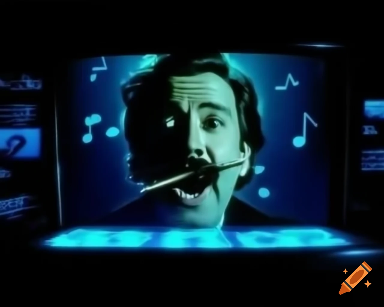 80s rockstar with handlebar mustache singing into glowing computer ...