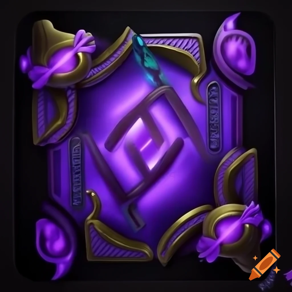 Enchanting game card art template with violet runes and stone ornament borders on Craiyon