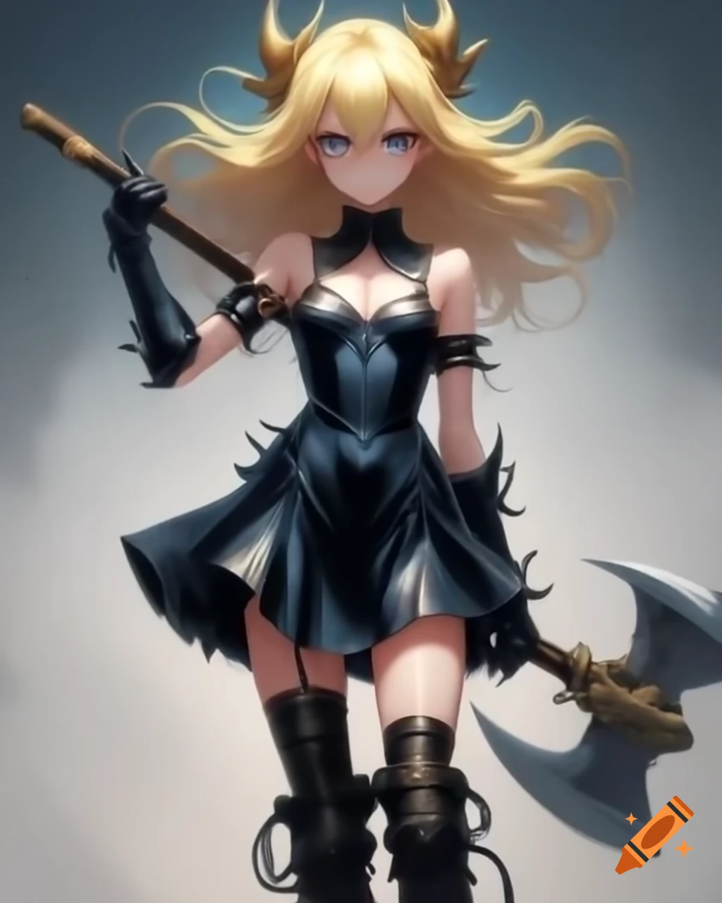 Anime girl with sharp teeth grin in black dress and golden crown ...