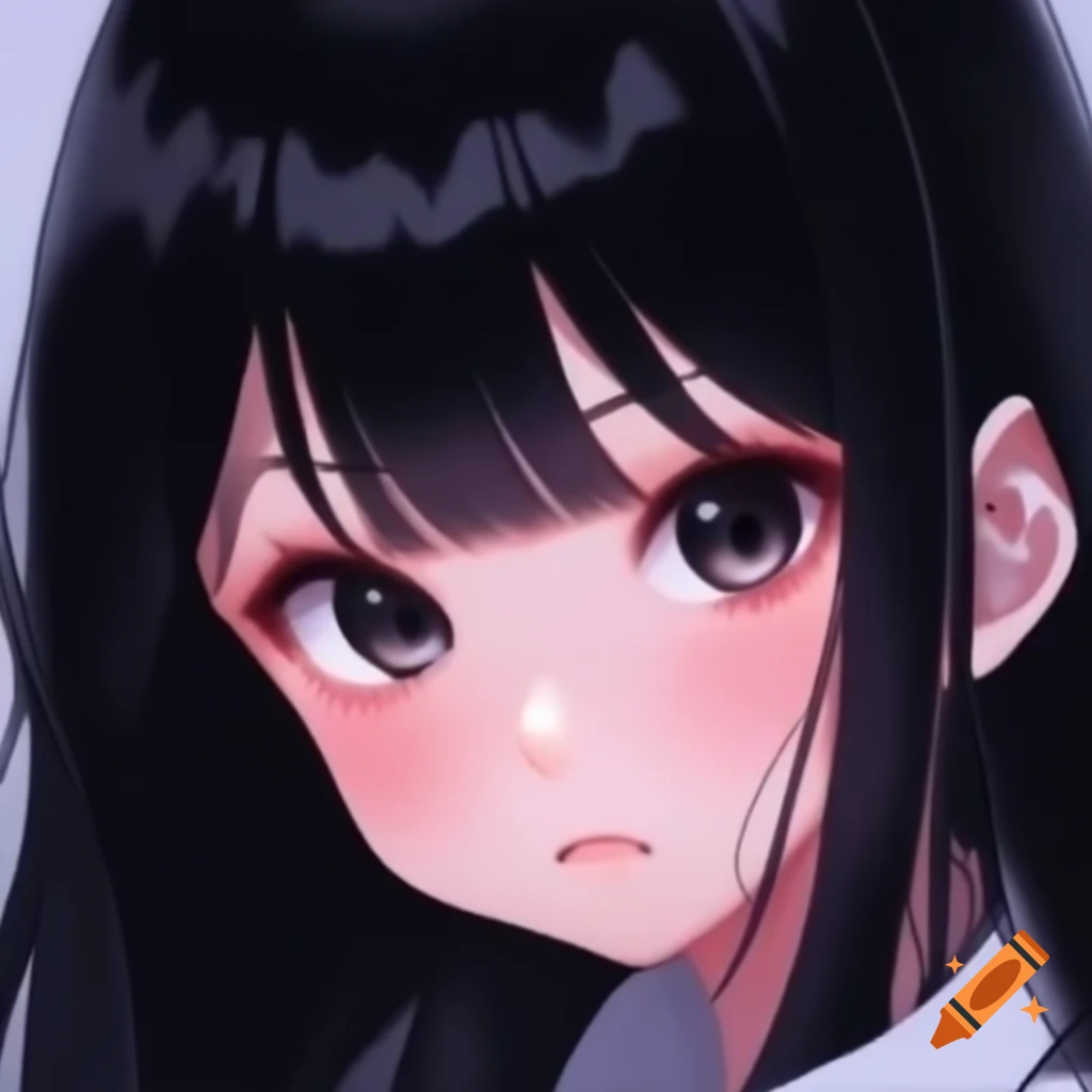 Anime girl with black hair and shining black eyes showing a frown on ...