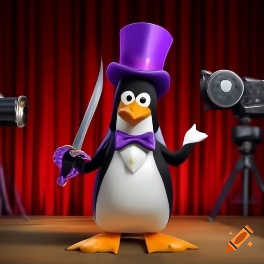 Penguin in tuxedo and top hat holding sword on stage with red curtains ...