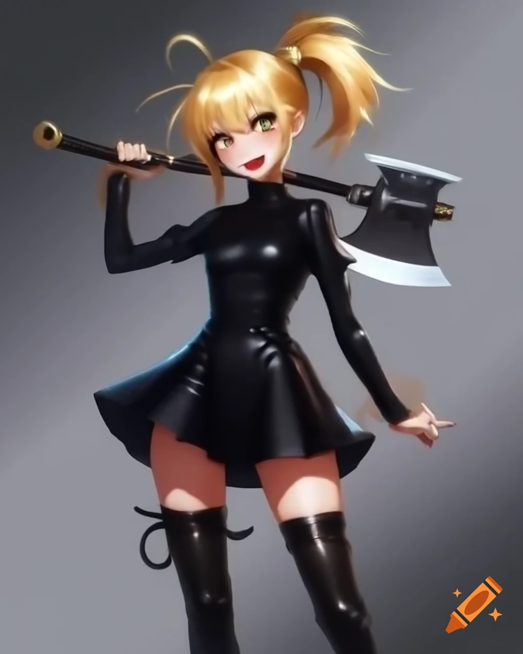 Anime girl with sharp teeth grin in black dress and crown wielding an ...