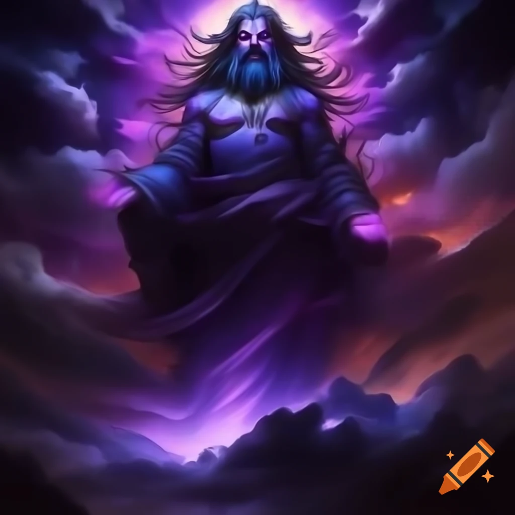 Majestic purple god with glowing violet eyes against cosmic nebula on ...