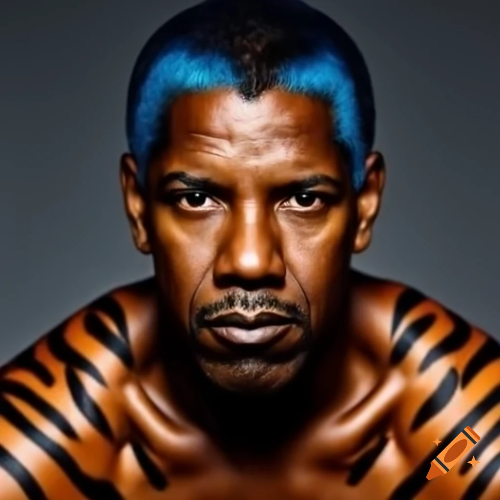 Muscular man with tiger makeup, blue hair, and orange skin on Craiyon