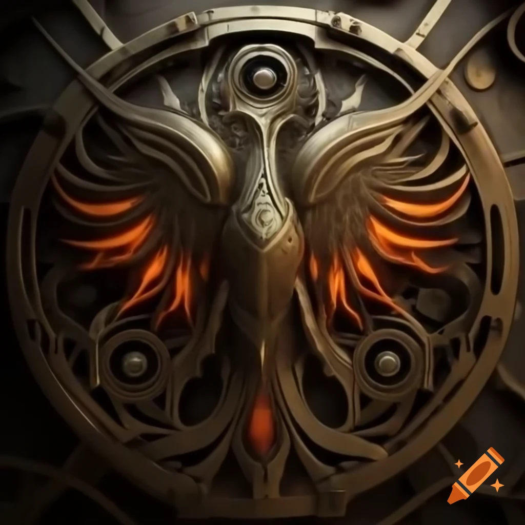 Clockwork phoenix house sigil with gleaming metallic feathers and ...