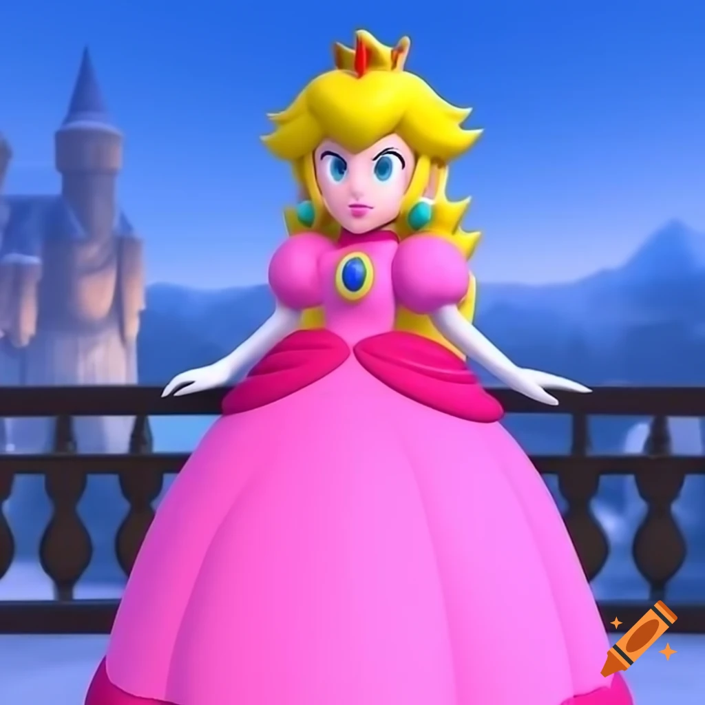 Link in Princess Peach's ballgown on snowy castle balcony at dusk on ...