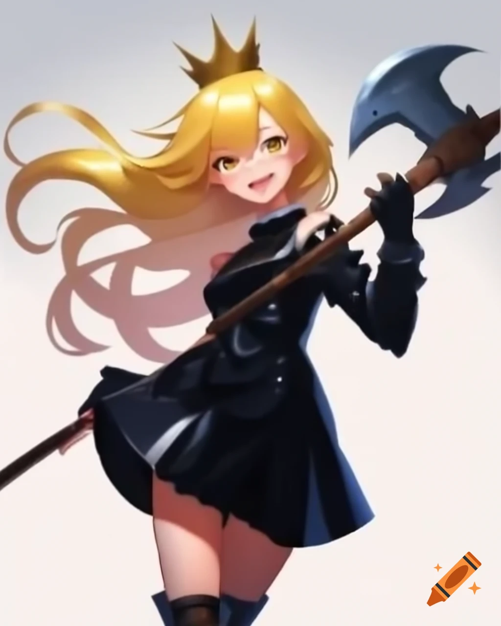 Anime girl with sharp teeth grin in black dress and crown wielding an ...
