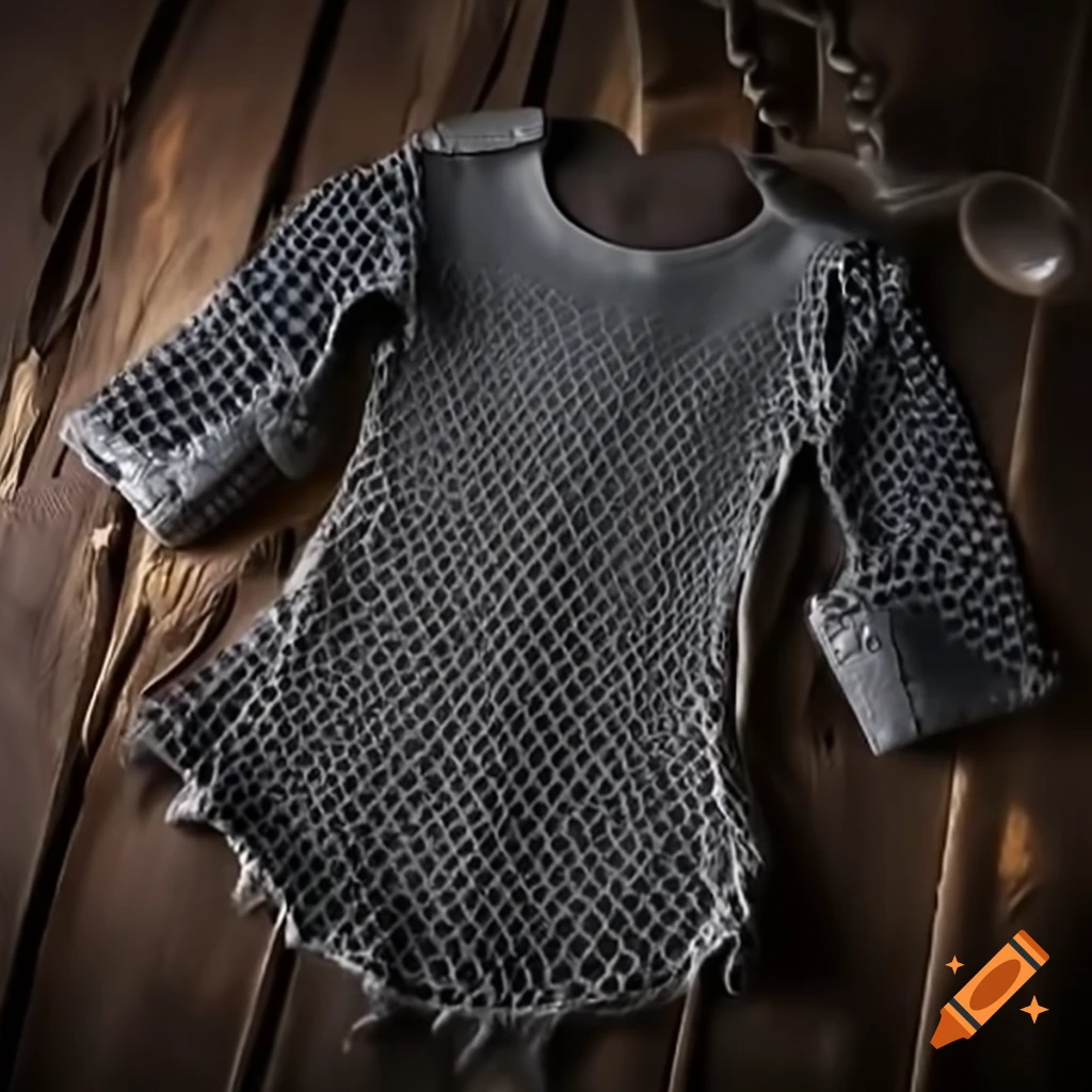 Medieval fabric shirt and upper body chainmail on old wooden table on ...
